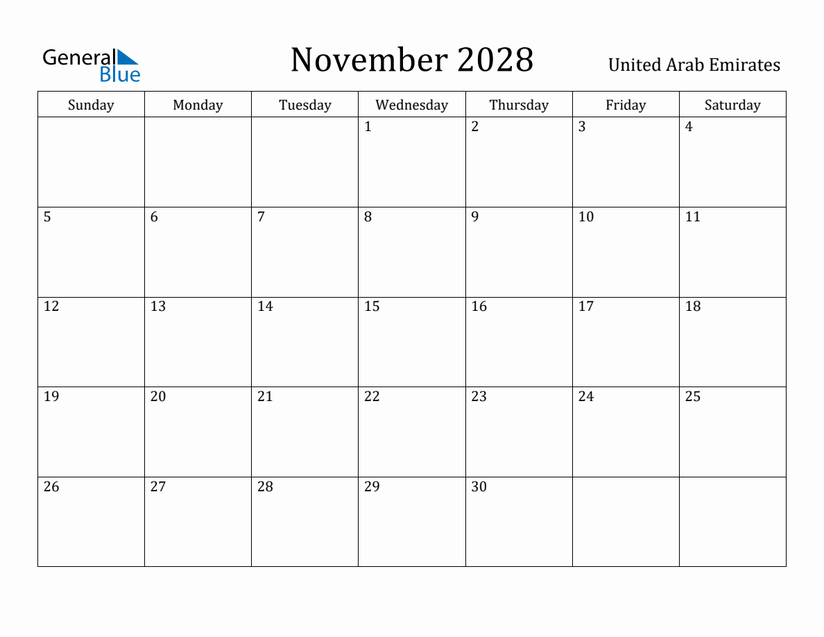 November 2028 Monthly Calendar with United Arab Emirates Holidays