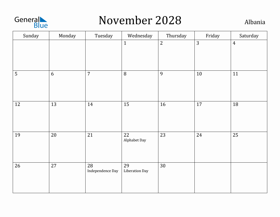 November 2028 Monthly Calendar with Albania Holidays