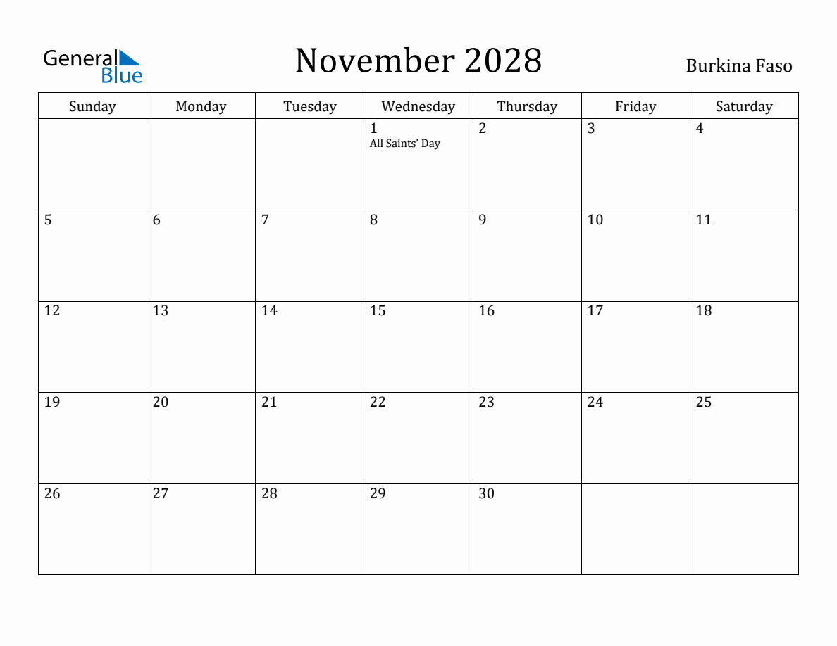 November 2028 Monthly Calendar with Burkina Faso Holidays