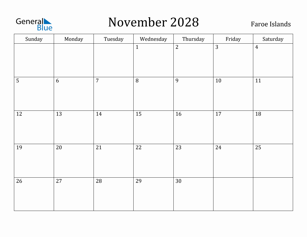 November 2028 Monthly Calendar with Faroe Islands Holidays