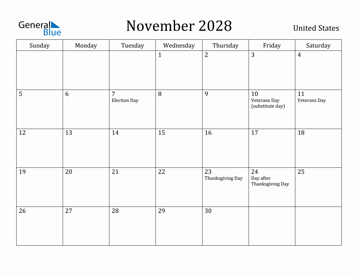 November 2028 Monthly Calendar with United States Holidays