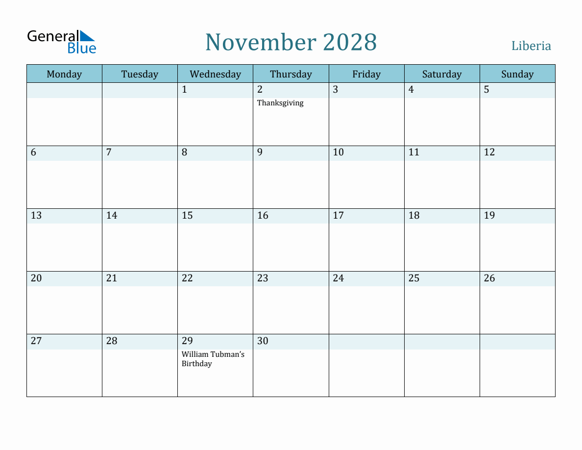 Liberia Holiday Calendar for November 2028 (Monday Start)