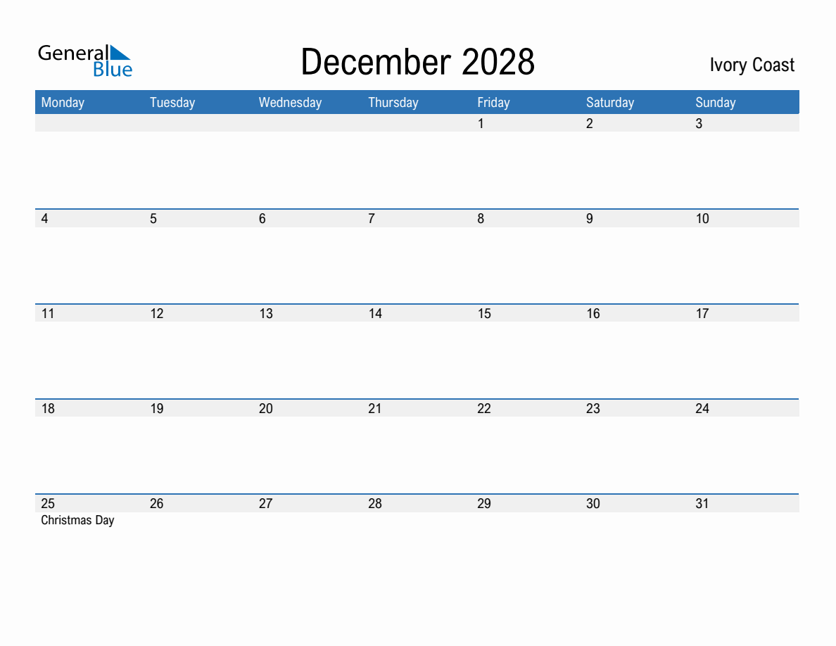 Editable December 2028 Calendar with Ivory Coast Holidays (Monday Start)