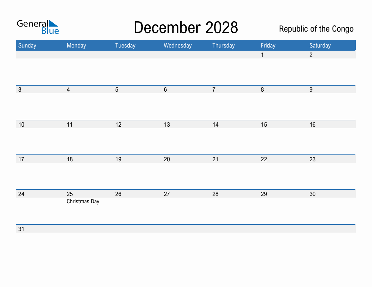 December 2028 Monthly Calendars with Republic of the Congo Holidays