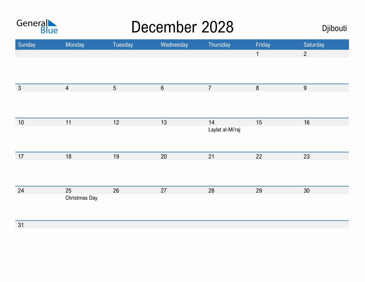 December 2028 Monthly Calendars with Djibouti Holidays