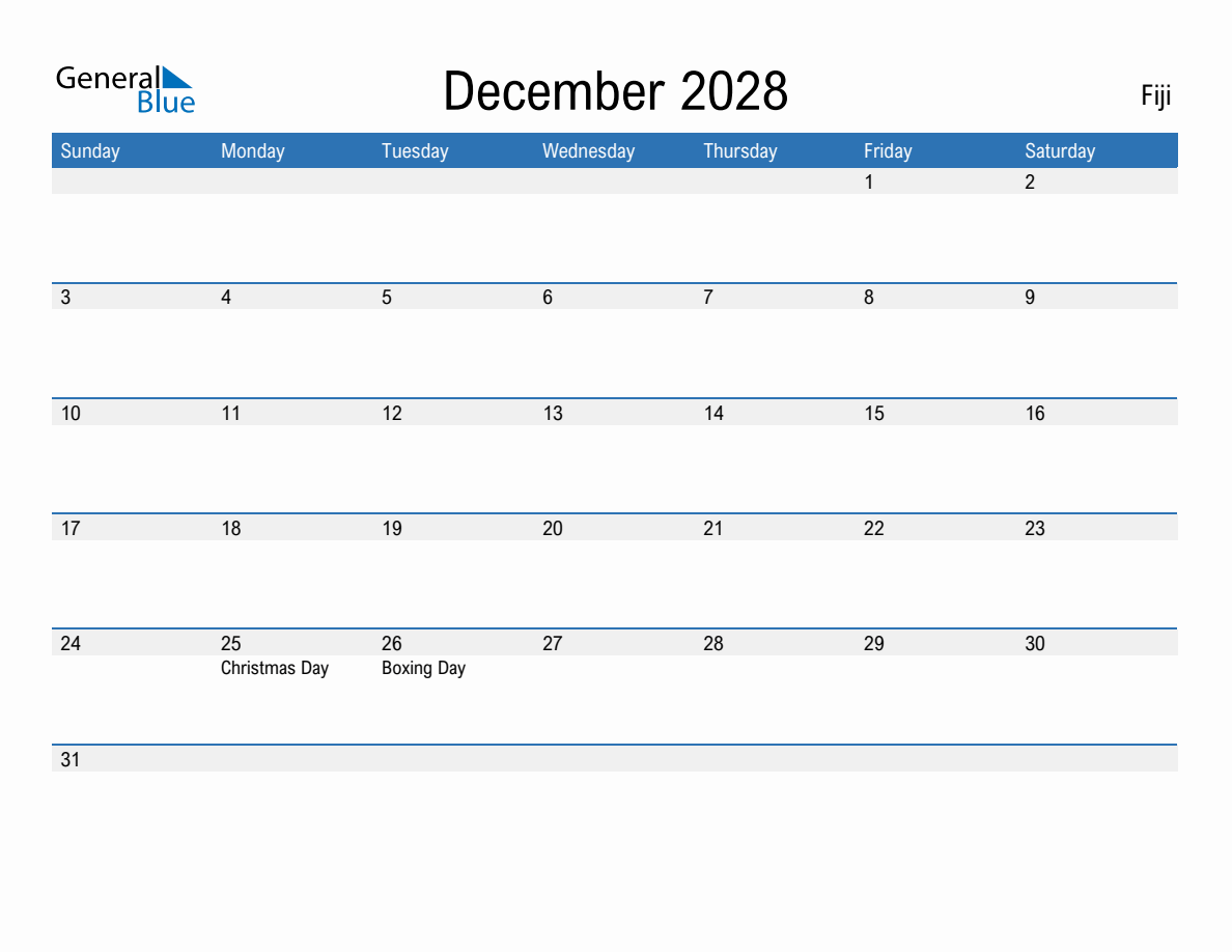 December 2028 Monthly Calendars with Fiji Holidays