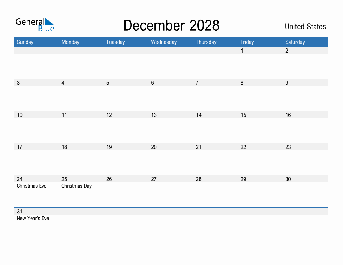 December 2028 Monthly Calendars with United States Holidays