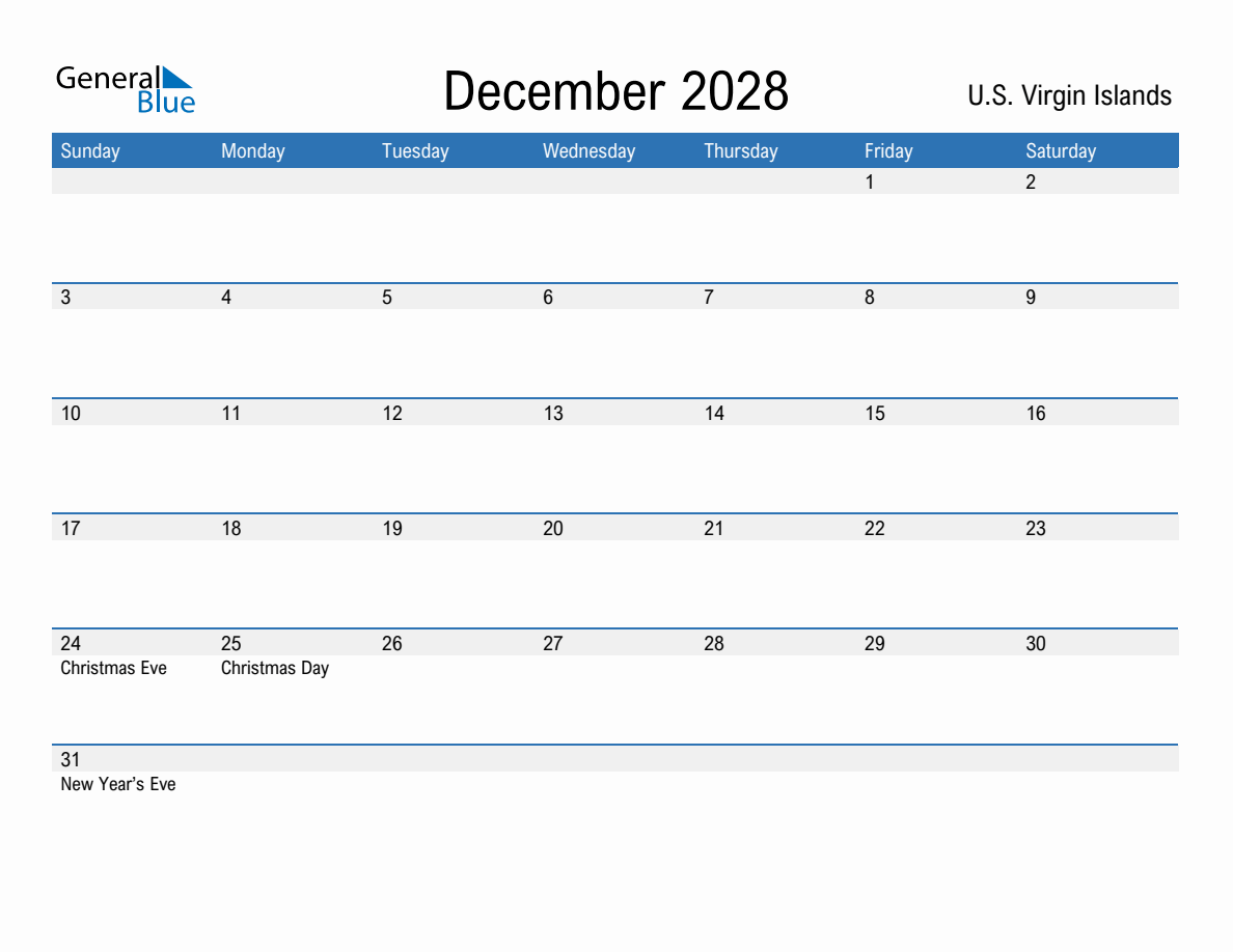 Editable December 2028 Calendar with U.S. Virgin Islands Holidays