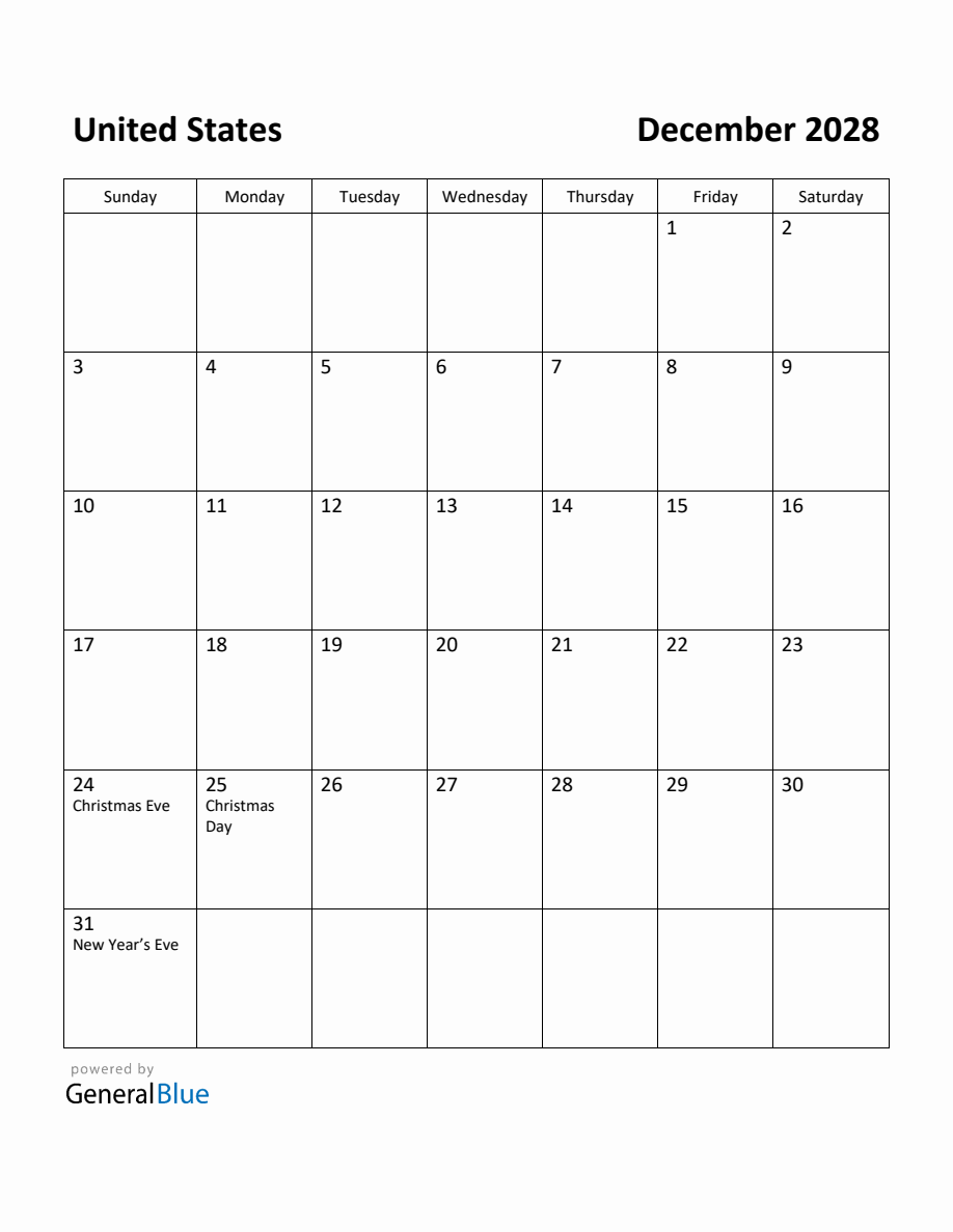 Free Printable December 2028 Calendar for United States