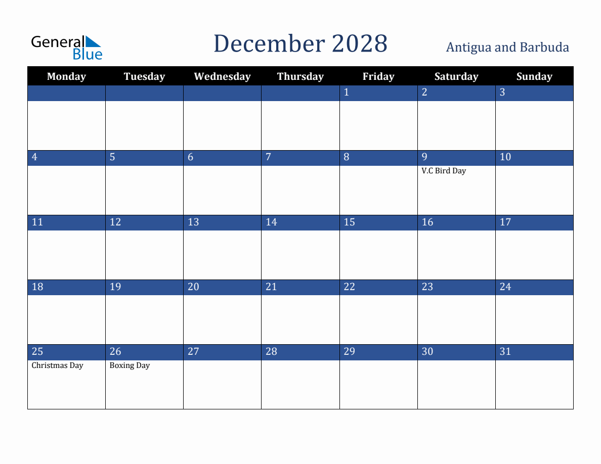 December 2028 Antigua and Barbuda Holiday Calendar