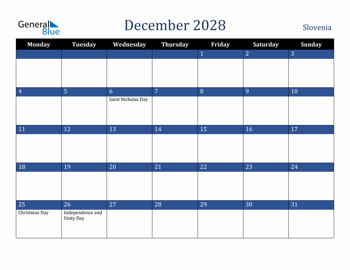 December 2028 Slovenia Holiday Calendar