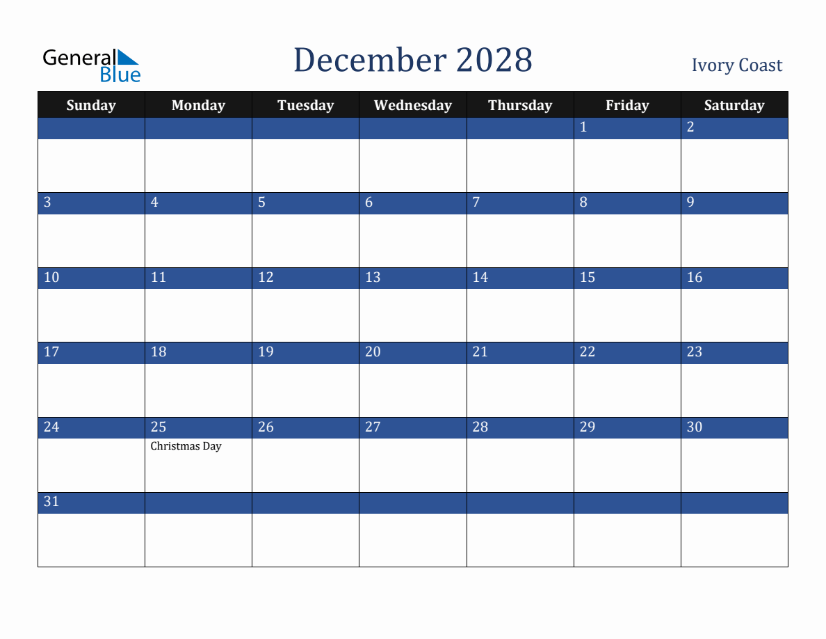 December 2028 Ivory Coast Holiday Calendar