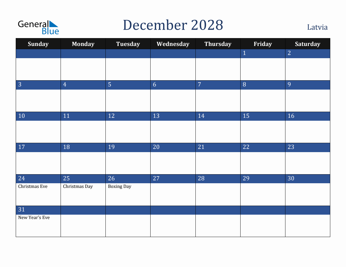 December 2028 Latvia Holiday Calendar