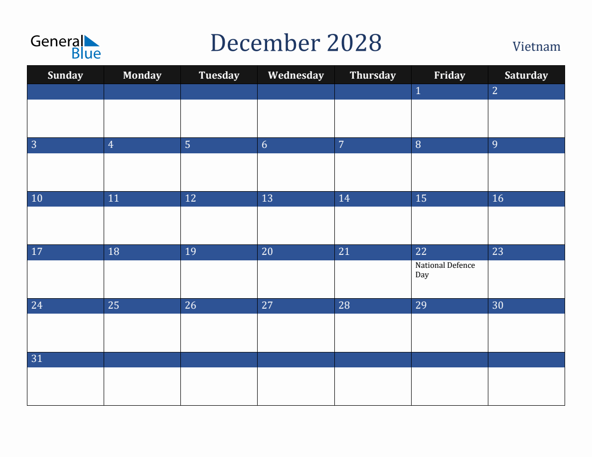 December 2028 Vietnam Holiday Calendar