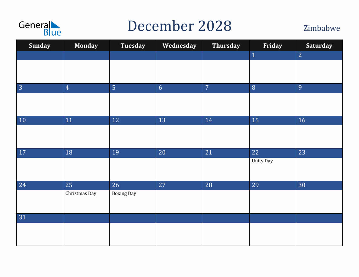 December 2028 Zimbabwe Holiday Calendar