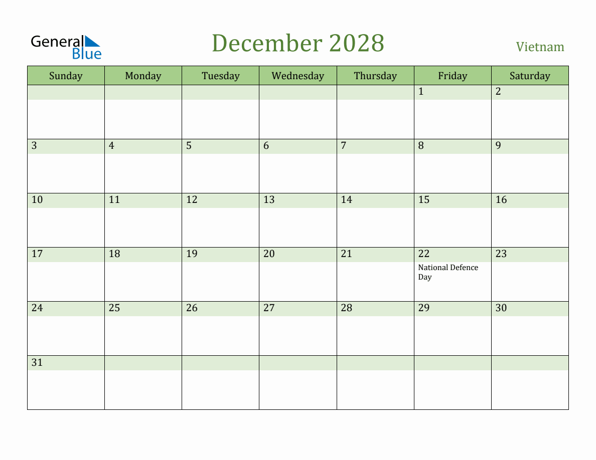 Fillable Holiday Calendar for Vietnam - December 2028