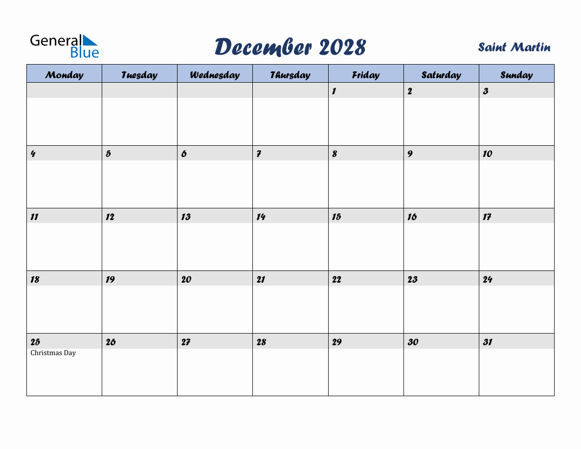 December 2028 Monthly Calendar Template with Holidays for Saint Martin ...