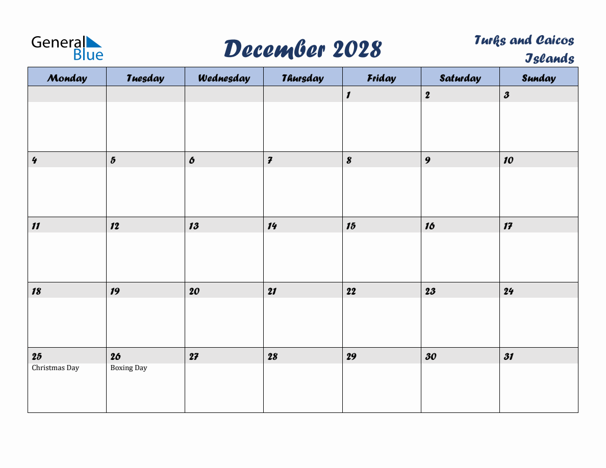December 2028 Monthly Calendar Template with Holidays for Turks and ...