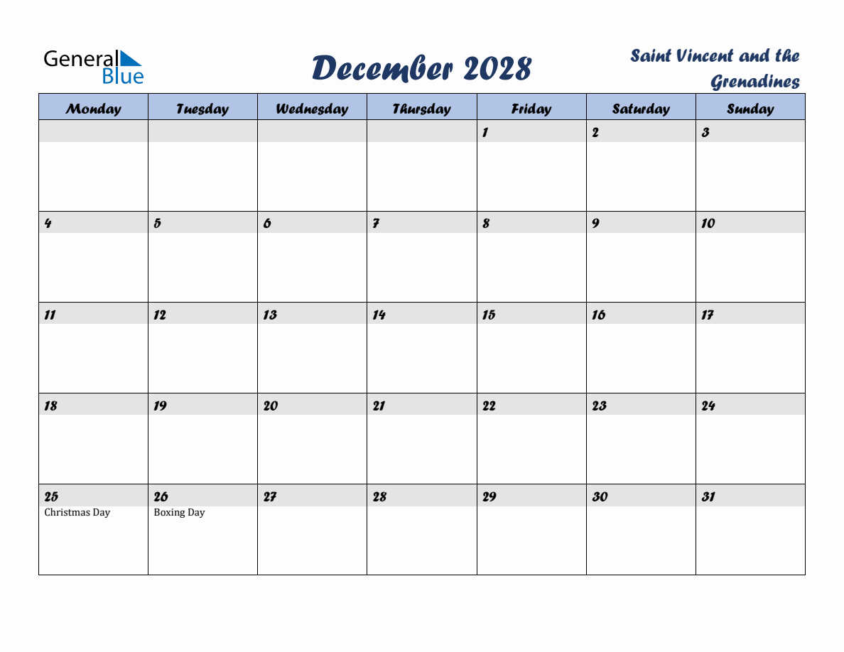 December 2028 Monthly Calendar Template with Holidays for Saint Vincent ...
