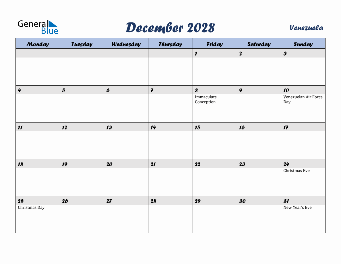 December 2028 Monthly Calendar Template with Holidays for Venezuela
