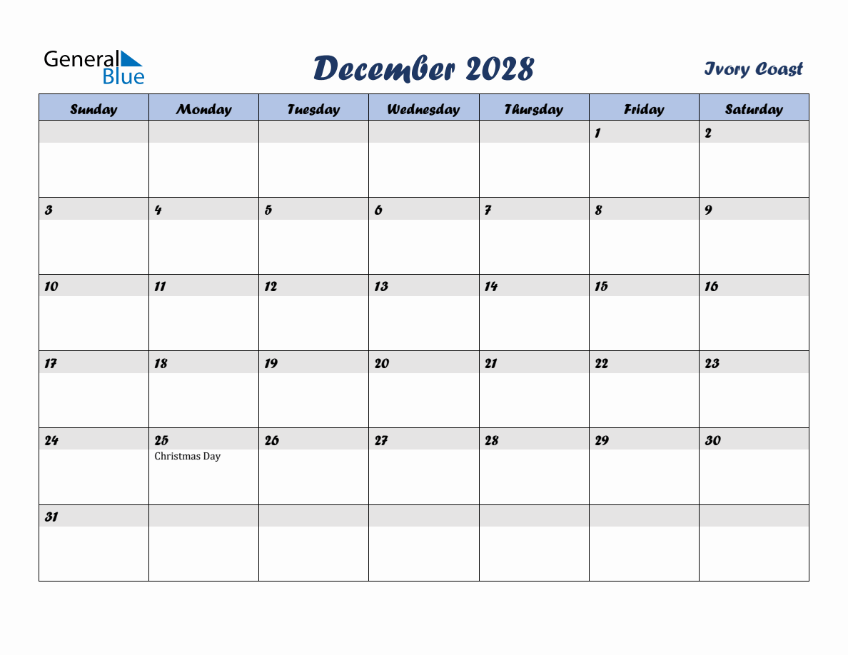 December 2028 Monthly Calendar Template with Holidays for Ivory Coast