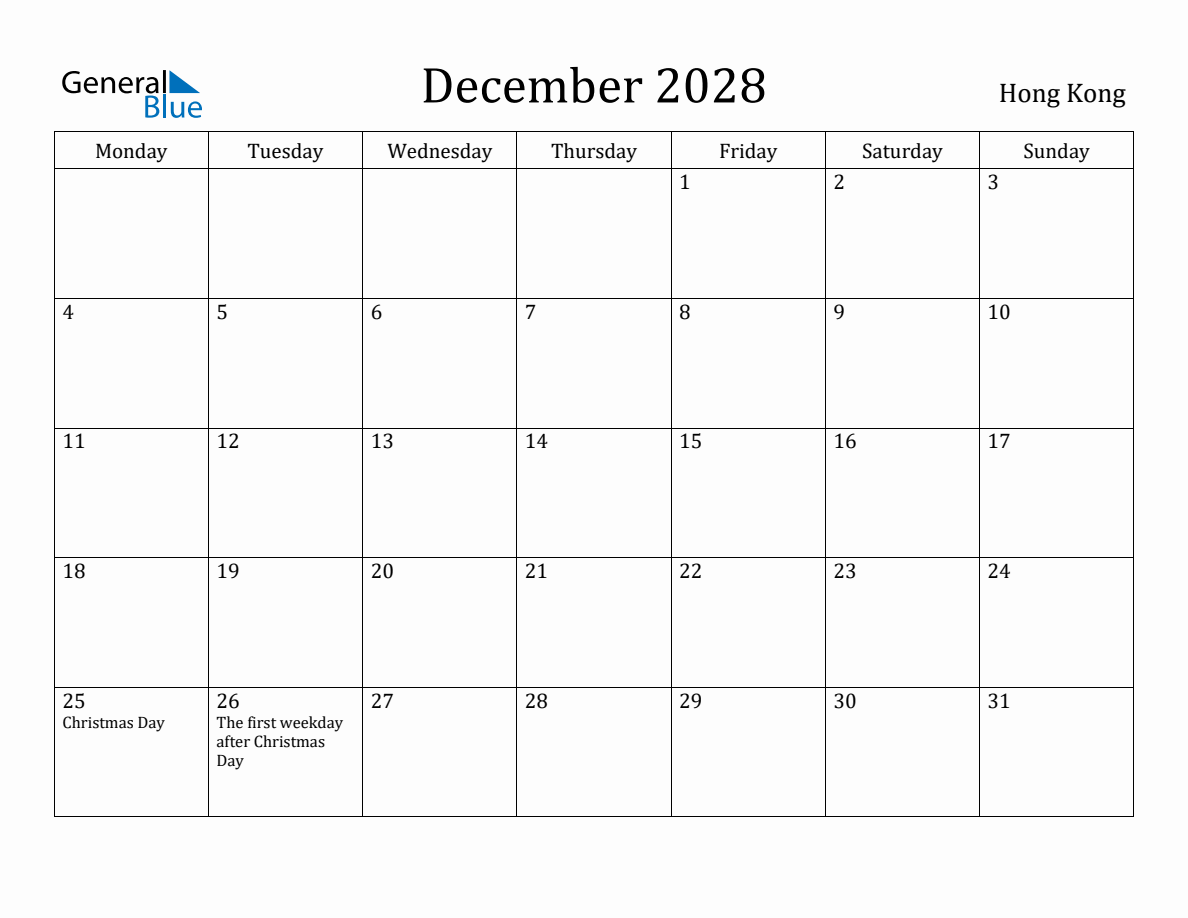 Hong Kong Monthly Calendar - December 2028 (Monday Start)