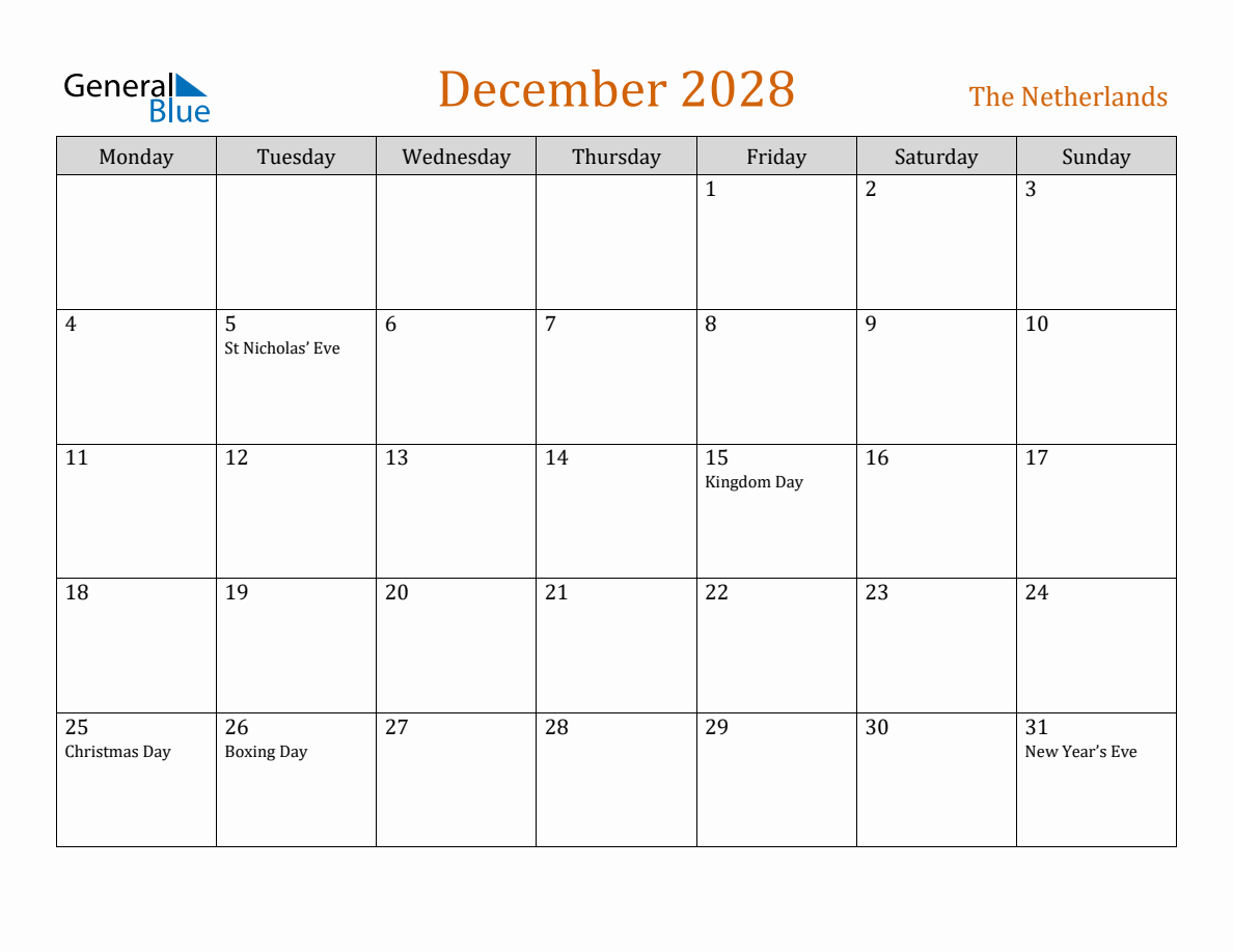 Free December 2028 The Netherlands Calendar (Monday Start)