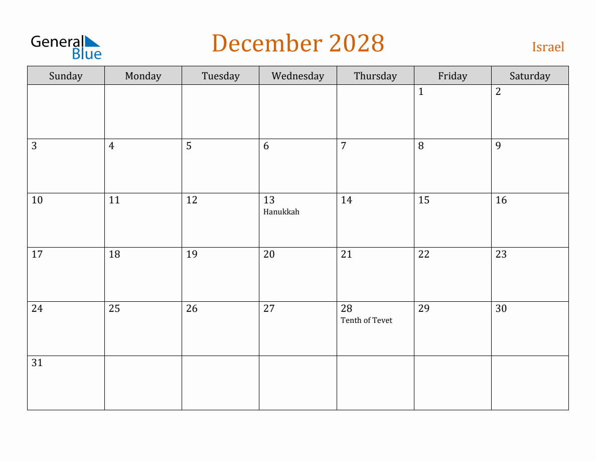Free December 2028 Israel Calendar