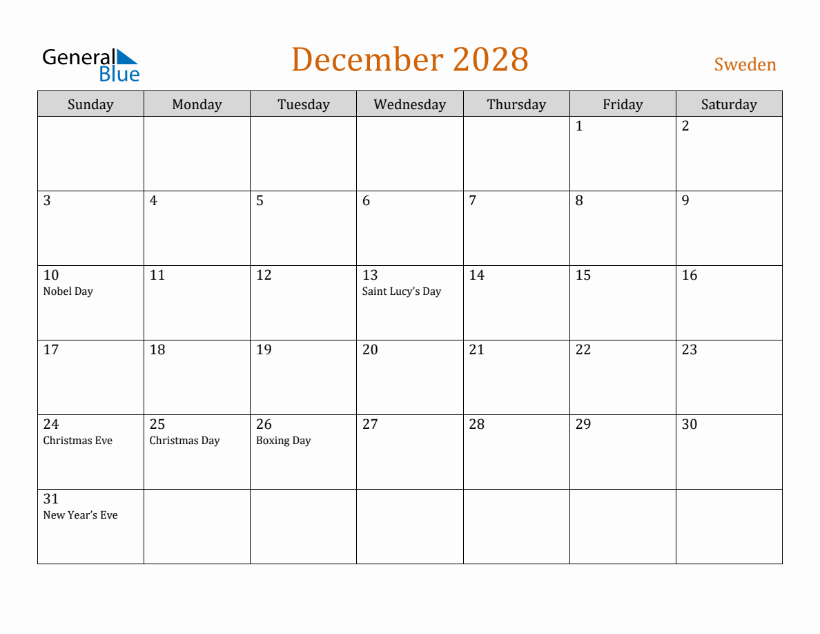 Free December 2028 Sweden Calendar