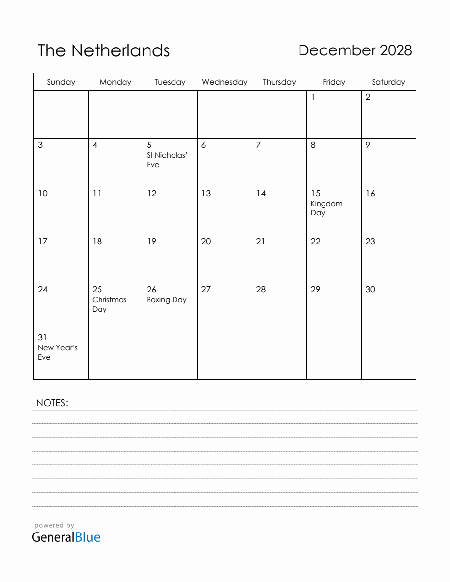 December 2028 The Netherlands Calendar with Holidays
