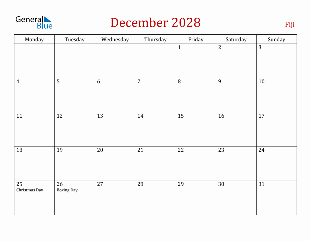 December 2028 Fiji Monthly Calendar with Holidays (Monday Start)
