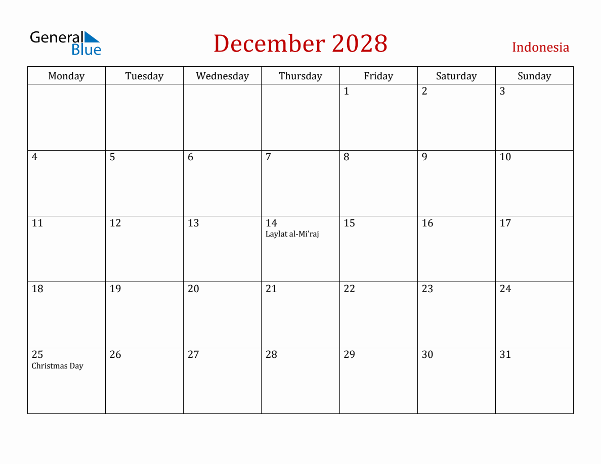 December 2028 Indonesia Monthly Calendar with Holidays (Monday Start)