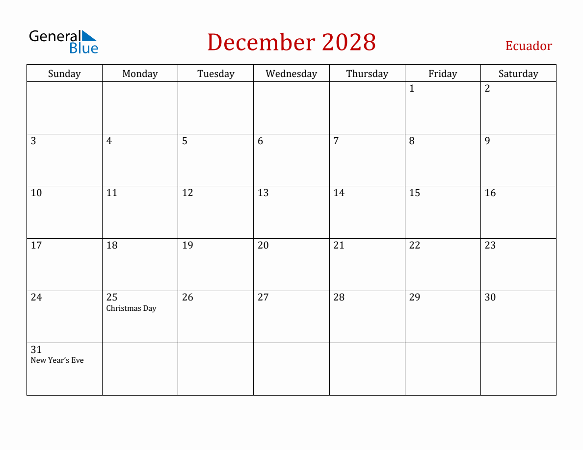 December 2028 Ecuador Monthly Calendar with Holidays