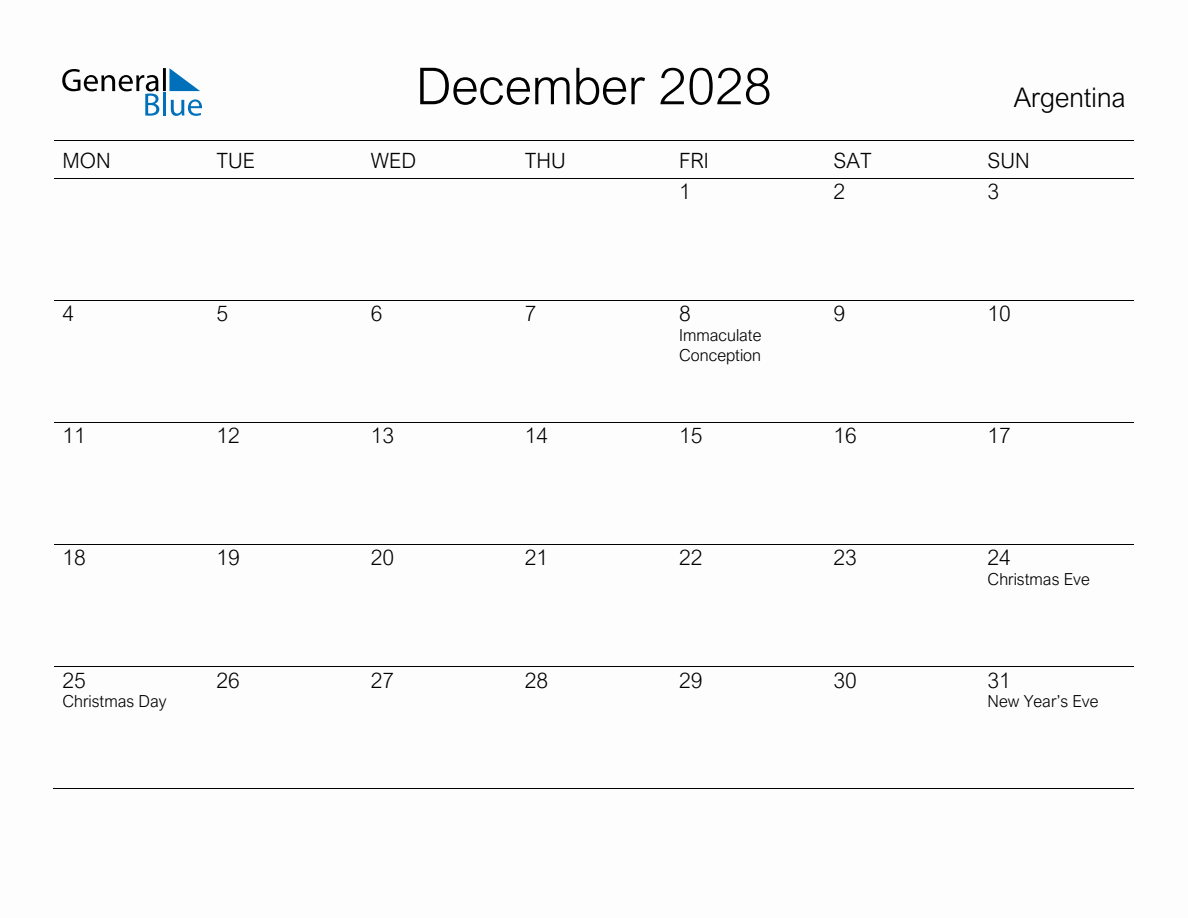 Printable December 2028 Monthly Calendar with Holidays for Argentina ...
