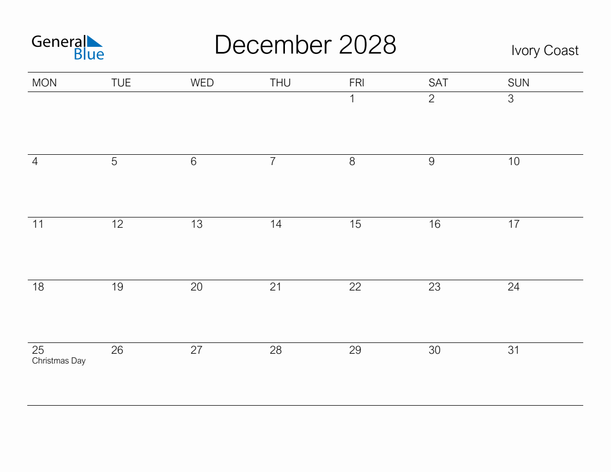 Printable December 2028 Monthly Calendar with Holidays for Ivory Coast ...
