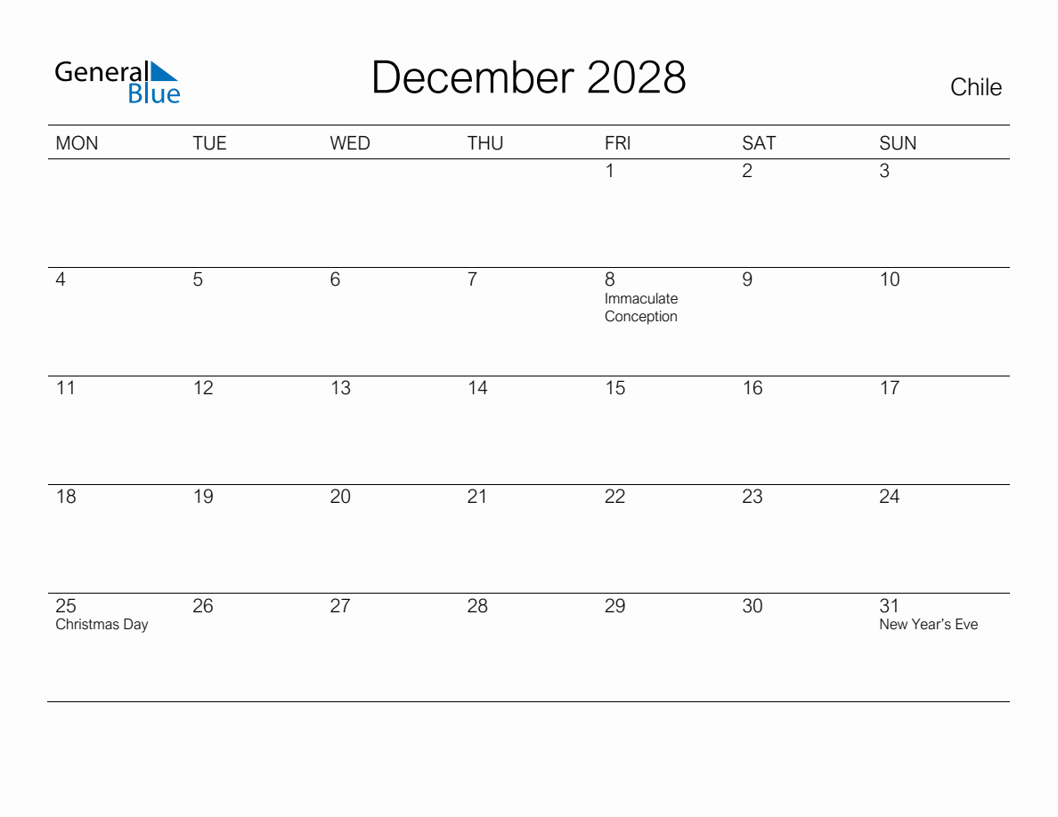 Printable December 2028 Monthly Calendar with Holidays for Chile