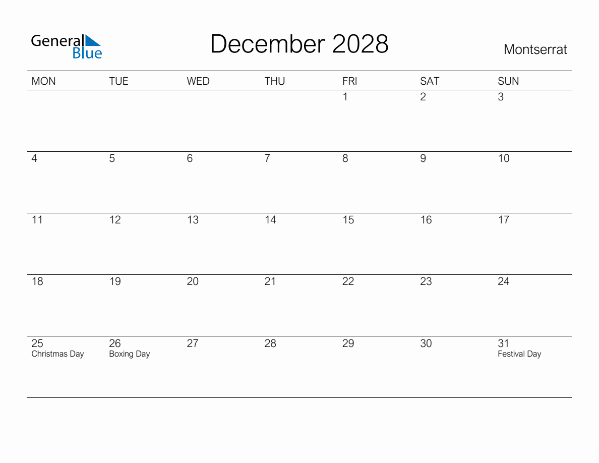 Printable December 2028 Monthly Calendar with Holidays for Montserrat ...