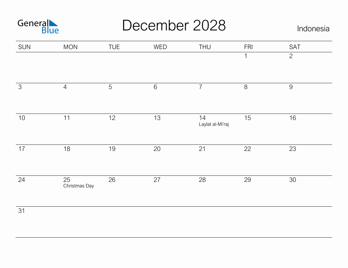 Printable December 2028 Monthly Calendar with Holidays for Indonesia