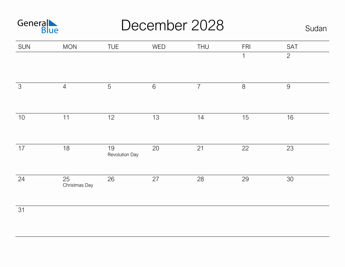 Printable December 2028 Monthly Calendar with Holidays for Sudan