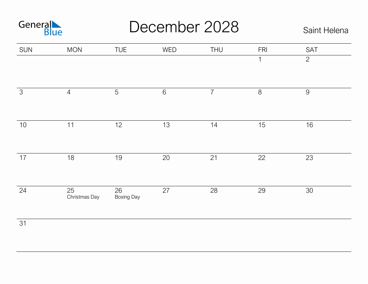 Printable December 2028 Monthly Calendar with Holidays for Saint Helena