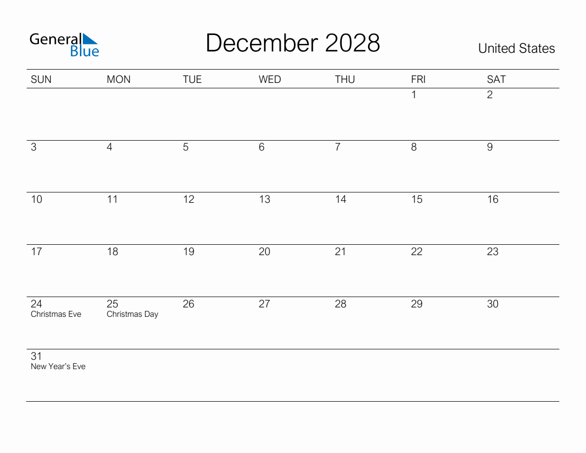 Printable December 2028 Monthly Calendar with Holidays for United States