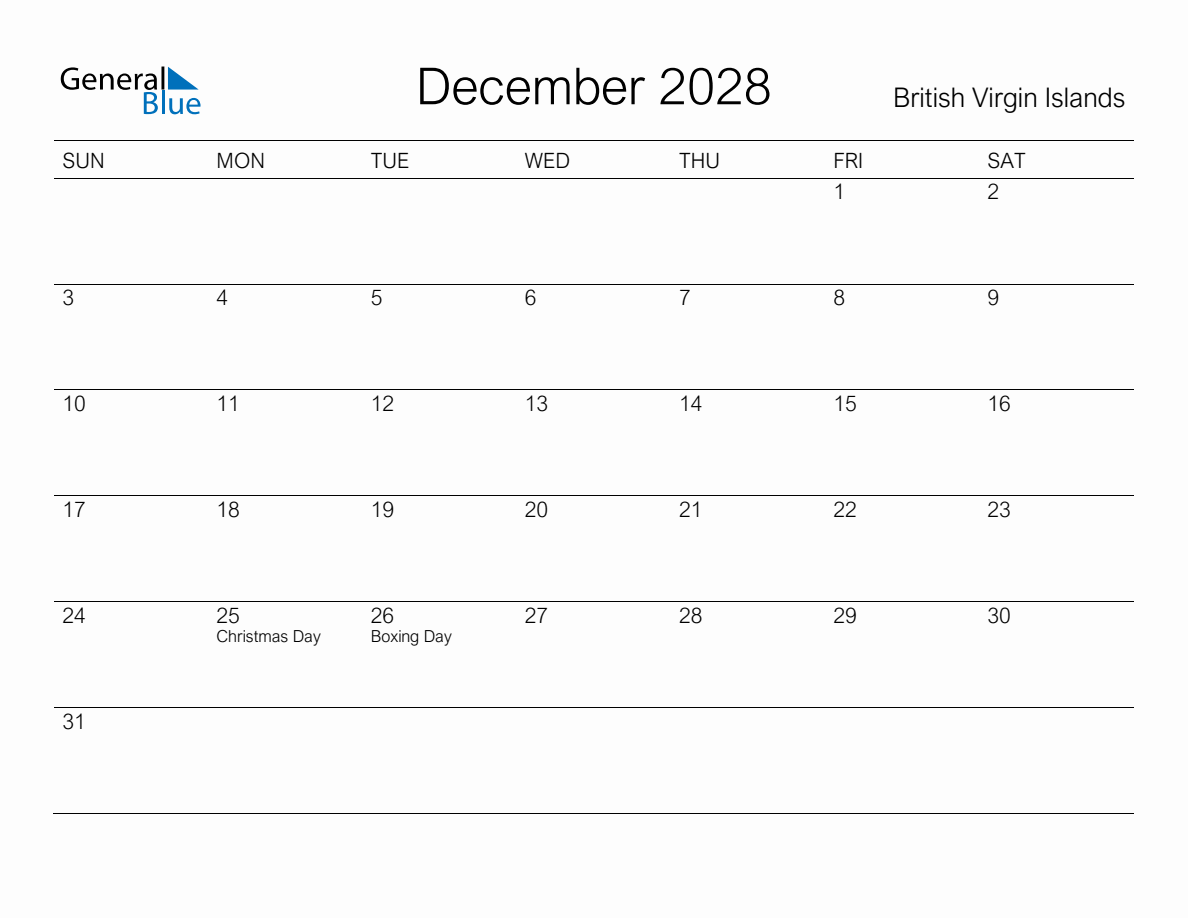 Printable December 2028 Monthly Calendar with Holidays for British ...