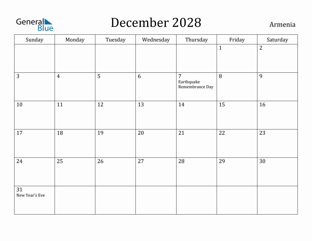 December 2028 Monthly Calendar with Armenia Holidays