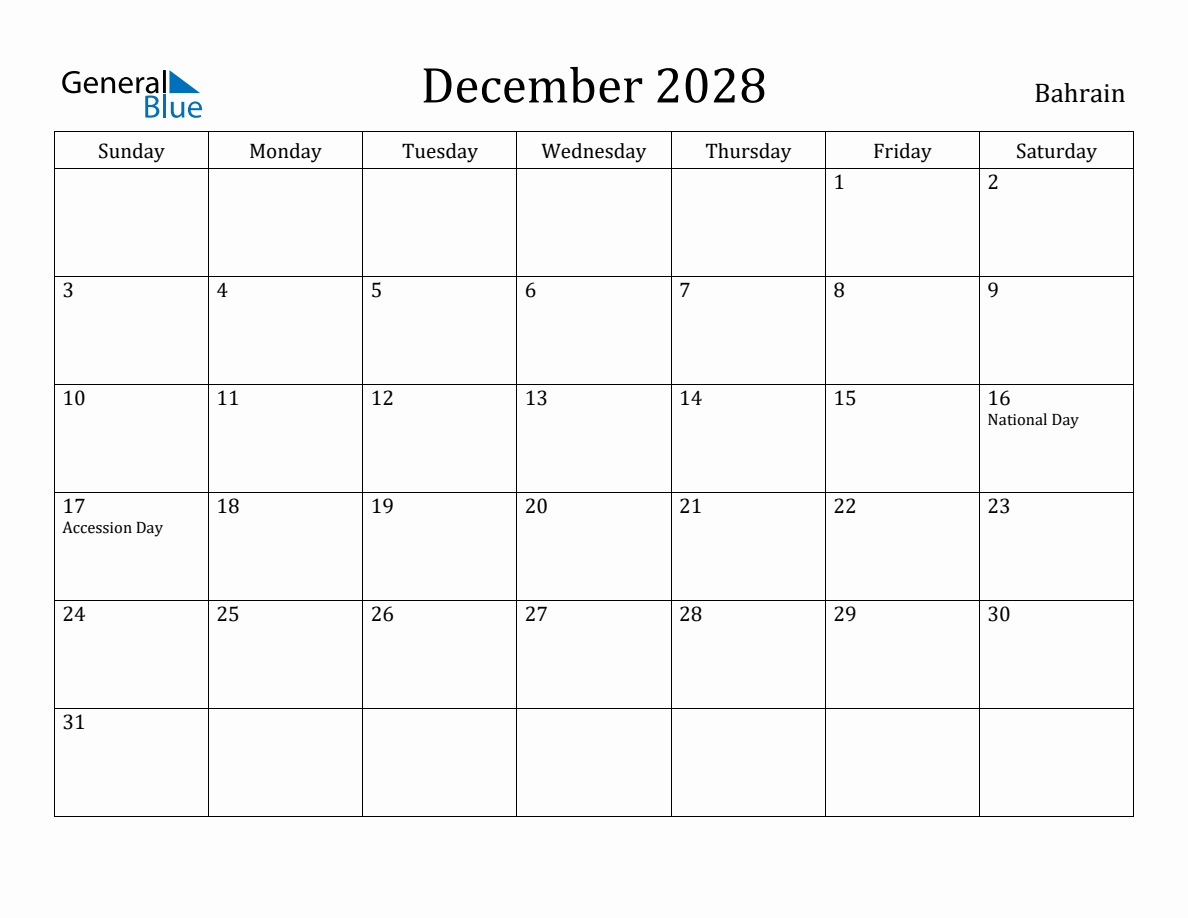 December 2028 Monthly Calendar with Bahrain Holidays