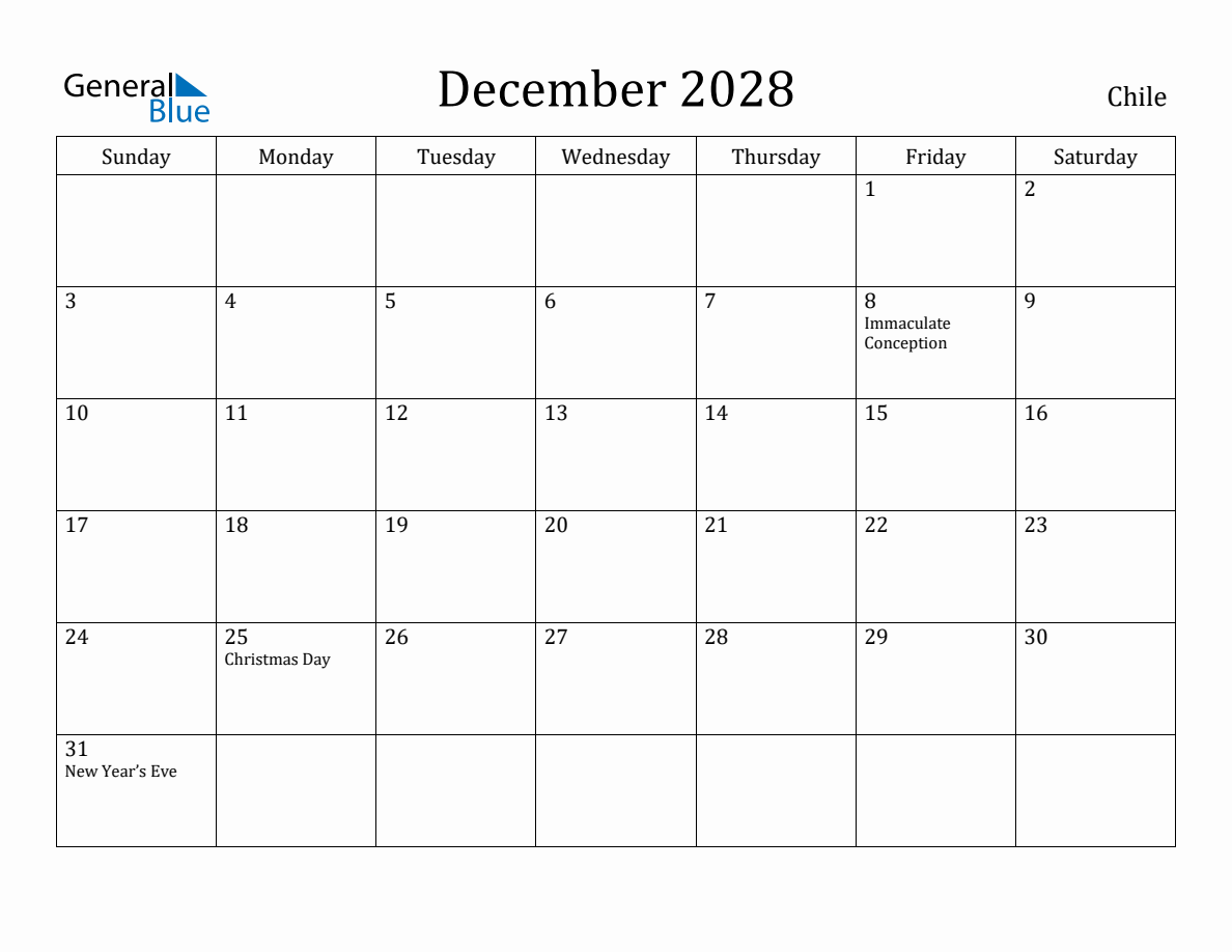 December 2028 Monthly Calendar with Chile Holidays