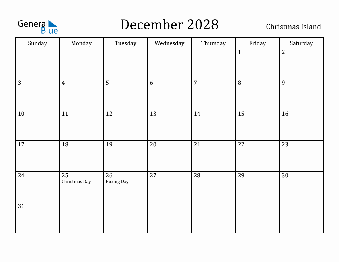 December 2028 Monthly Calendar with Christmas Island Holidays