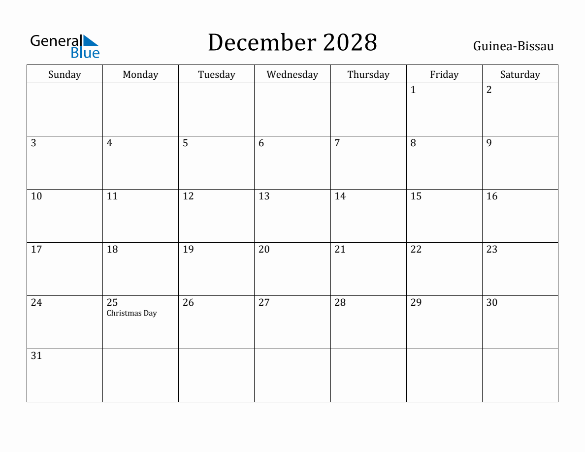 December 2028 Monthly Calendar with Guinea-Bissau Holidays