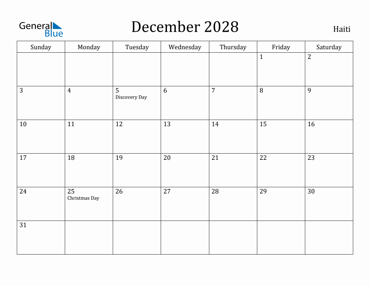December 2028 Monthly Calendar with Haiti Holidays