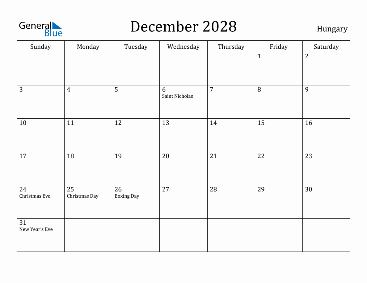 December 2028 Monthly Calendar with Hungary Holidays