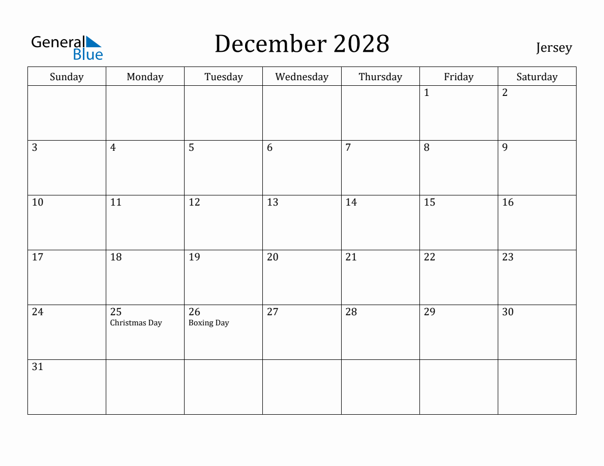 December 2028 Monthly Calendar with Jersey Holidays